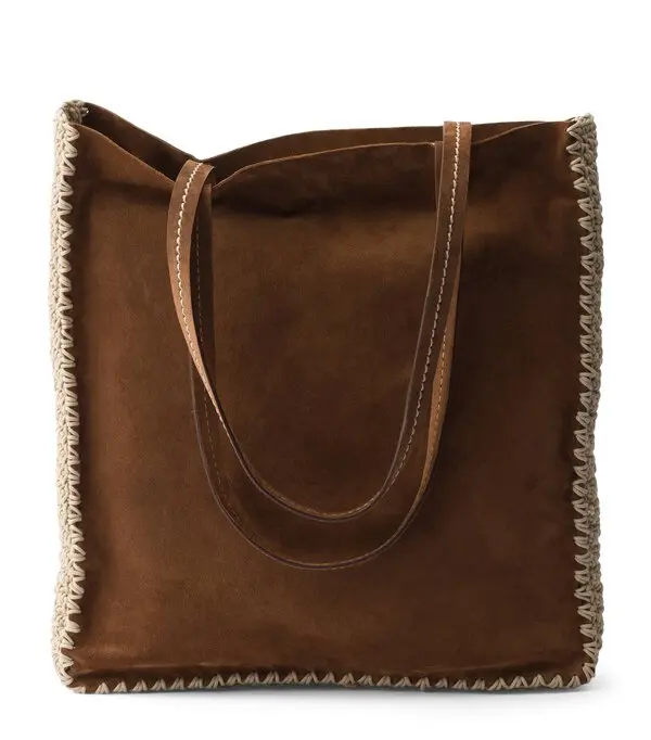 Prada Large Suede Crochet Tote Bag - Brown