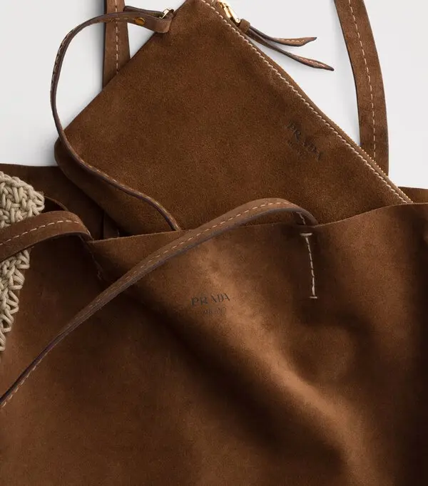 Prada Large Suede Crochet Tote Bag - Brown