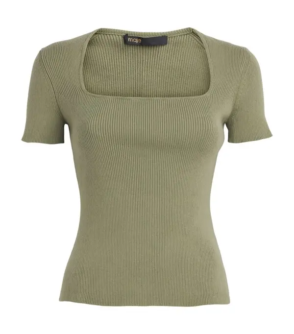 Maje Rib-knit Square Neck Top - Brown