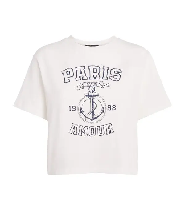 Maje Cotton T-shirt With Paris Slogan Print - White
