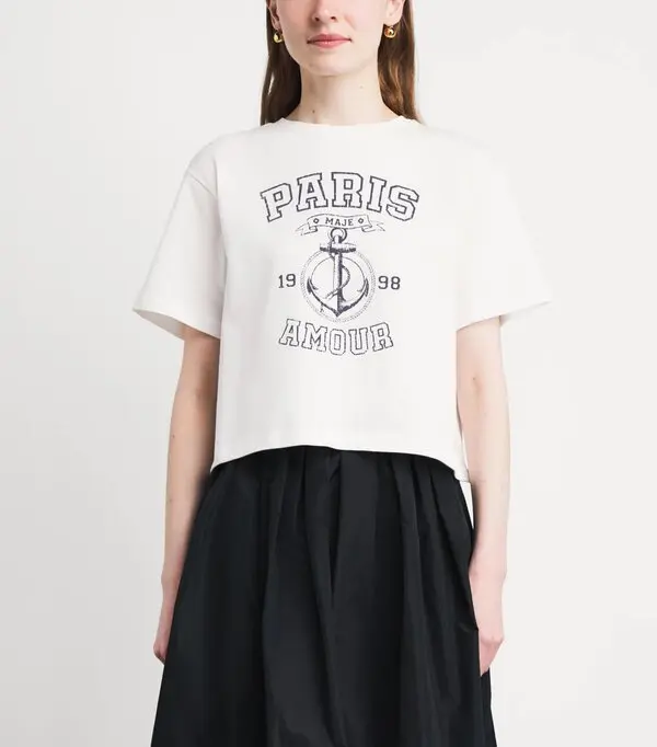 Maje Cotton T-shirt With Paris Slogan Print