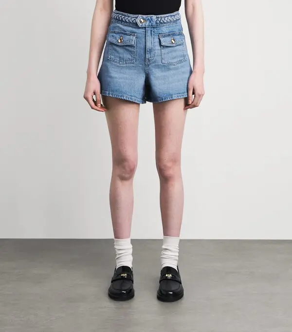 Maje Braided Flared Denim Shorts With Embellishments