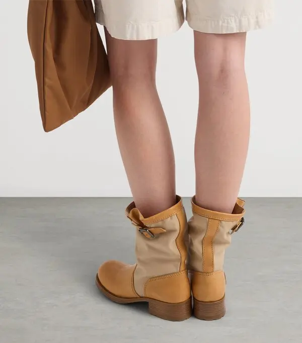 Prada Mid-calf Buckled Leather And Canvas Boots