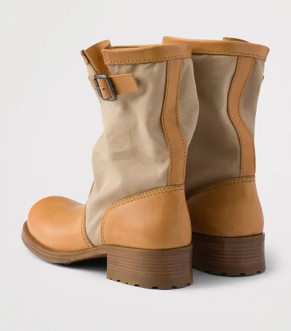Prada Mid-calf Buckled Leather And Canvas Boots