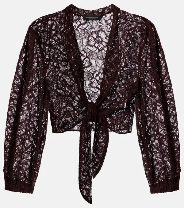 ADRIANA DEGREAS Lace Front Tie Crop Top - Brown