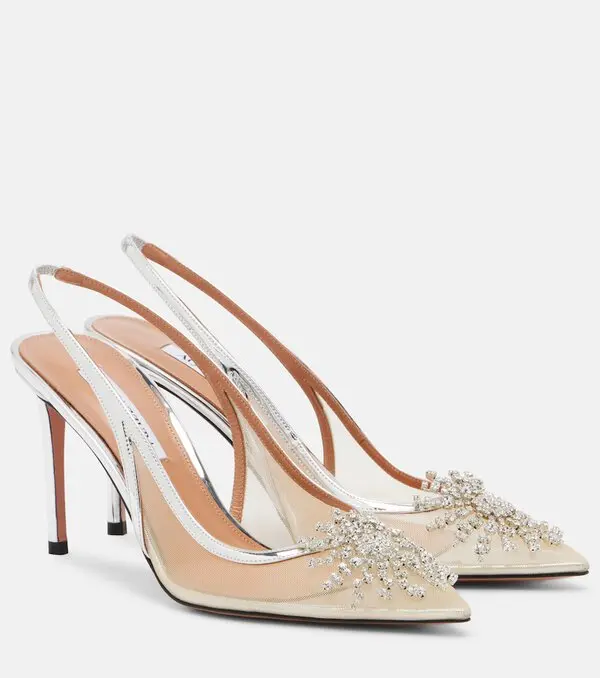 AQUAZZURA Crystal Embellished Slingback Pumps - Silver