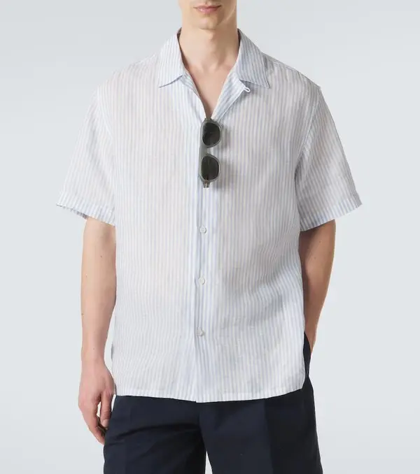 Brioni Striped Linen Bowling Shirt