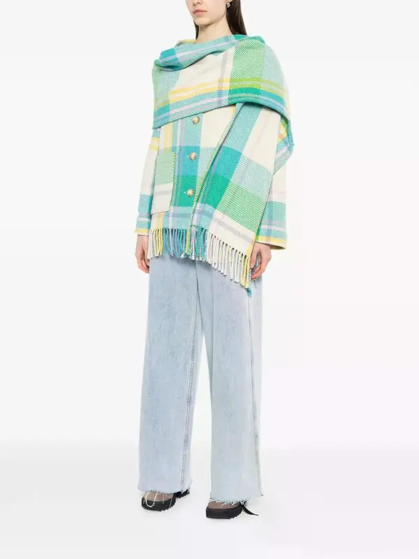 Mira Mikati Blanket Scarf Coat With Checked Pattern And Fringe