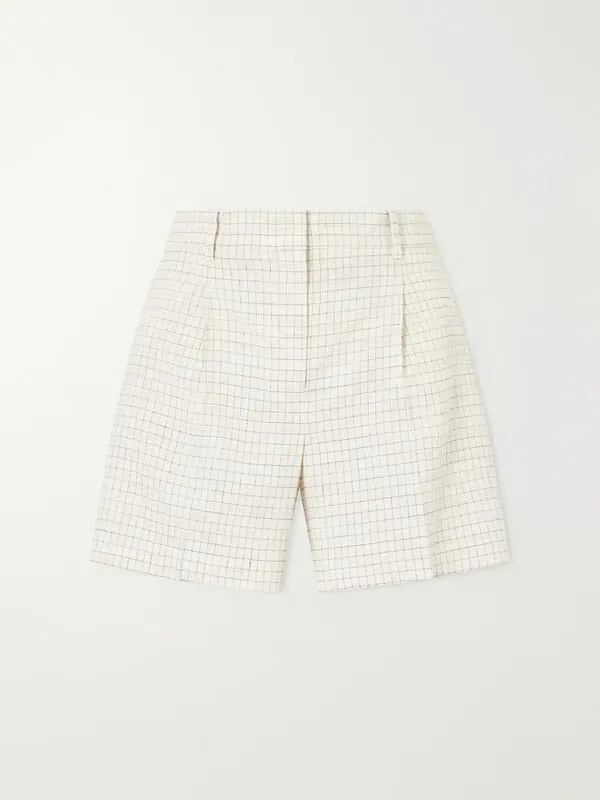 Theory Checked Linen-blend Pleated Shorts