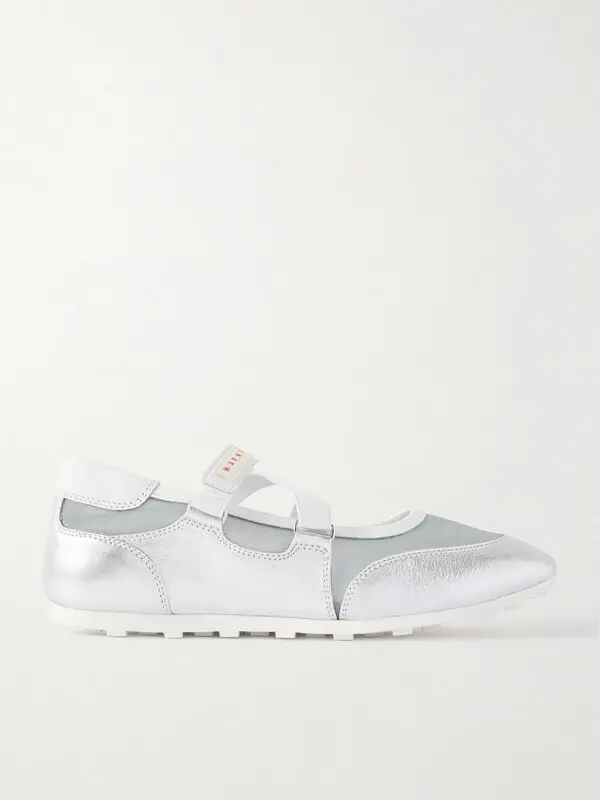 Marni Metallic Leather-trimmed Mesh Sneakers - Silver