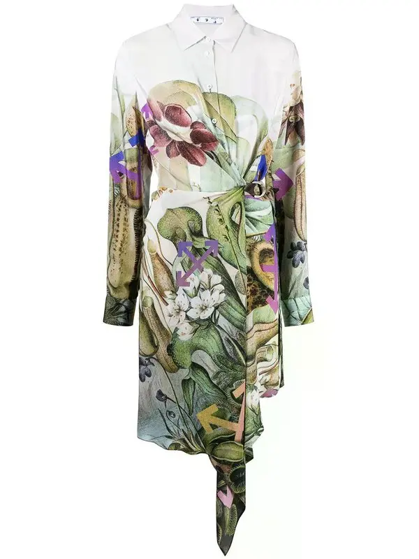Off-White Botanical-print Shirt Dress - White