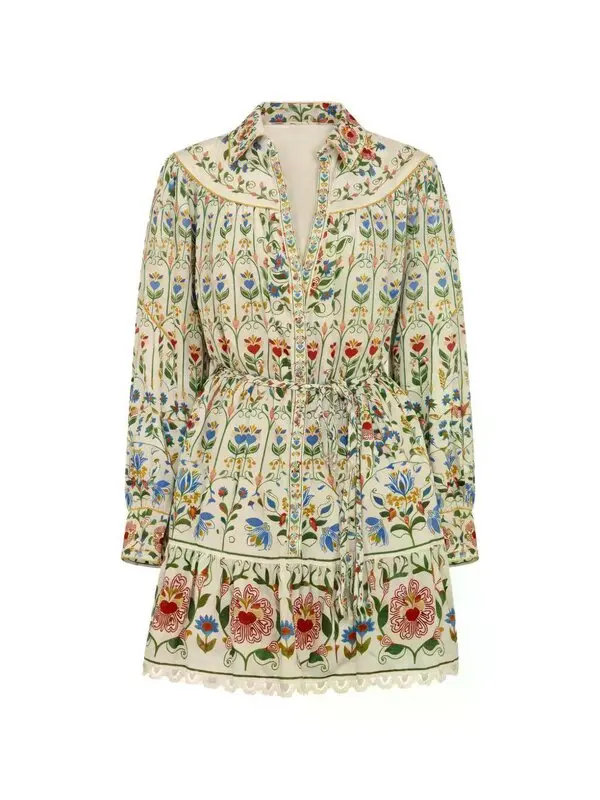 Farm Rio Off-white Floral Print Button-up Mini Dress - Neutrals