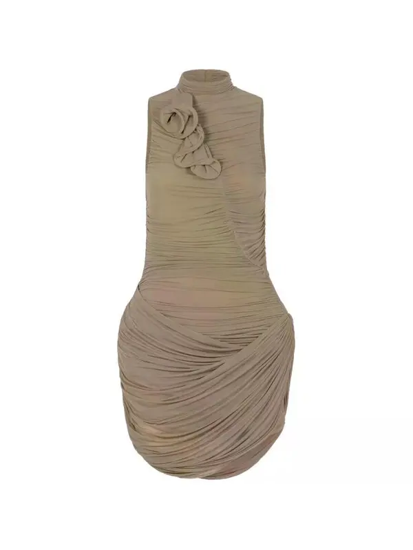 Magda Butrym Sleeveless High Neck Ruched Mini Dress With Flower Detail