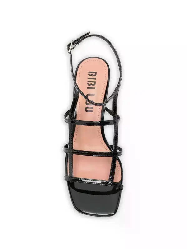 BIBI LOU Patent Leather Square Toe Kitten Heel Sandals - Black