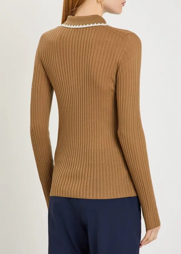 Moncler Ribbed Wool Polo Top - Brown