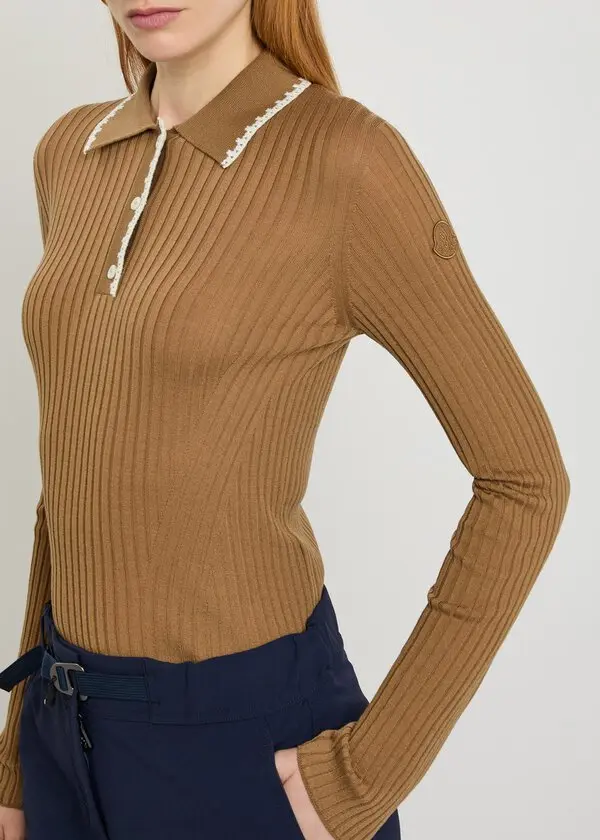 Moncler Ribbed Wool Polo Top - Brown