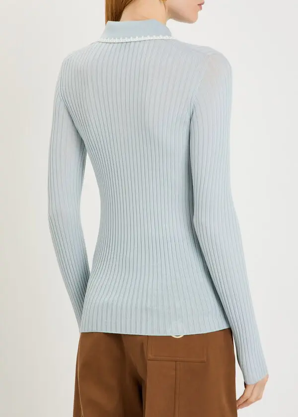 Moncler Ribbed Wool Polo Top With Embroidered Trim - Light Blue