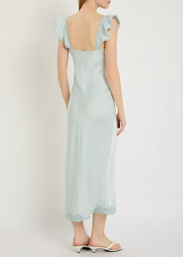 LoveShackFancy Karmine Lace-trim Satin Midi Dress - Light Blue 2