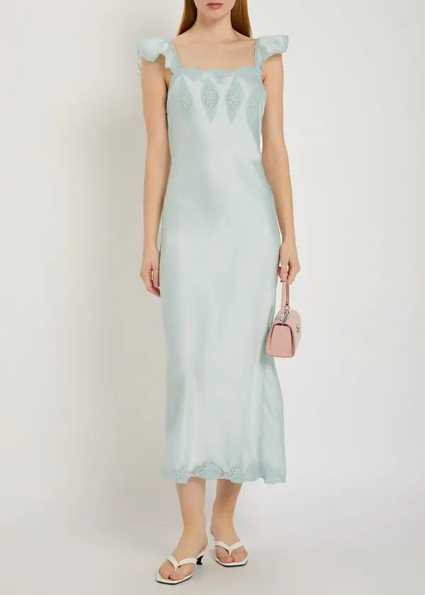 LoveShackFancy Karmine Lace-trim Satin Midi Dress - Light Blue 2