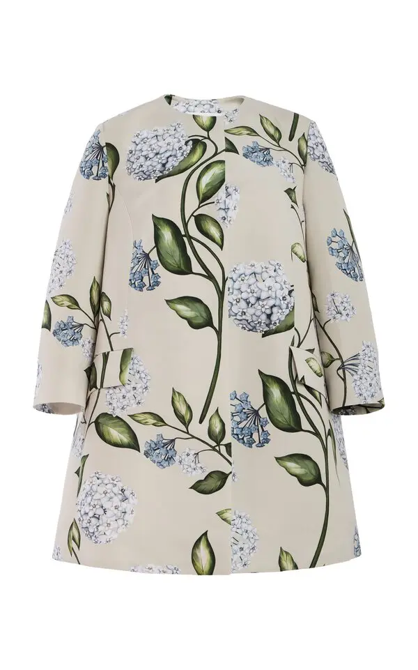 Oscar De La Renta Porcelain Flowers Short Faille Coat - Tan