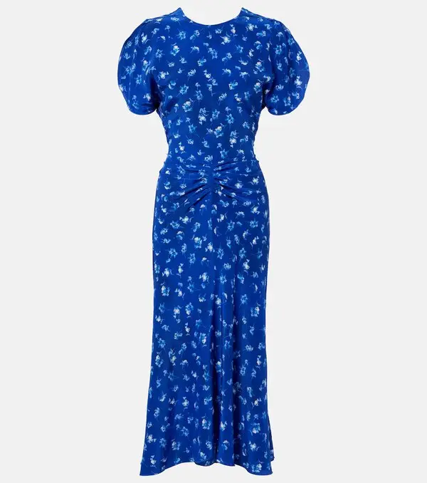 Victoria Beckham Bela Floral Gathered Silk Midi Dress - Blue