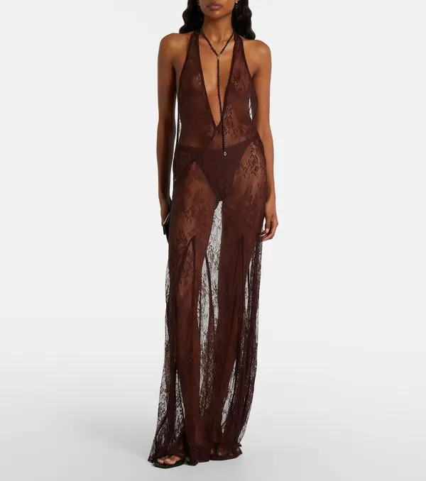 ADRIANA DEGREAS Sheer Open-back Lace Maxi Dress