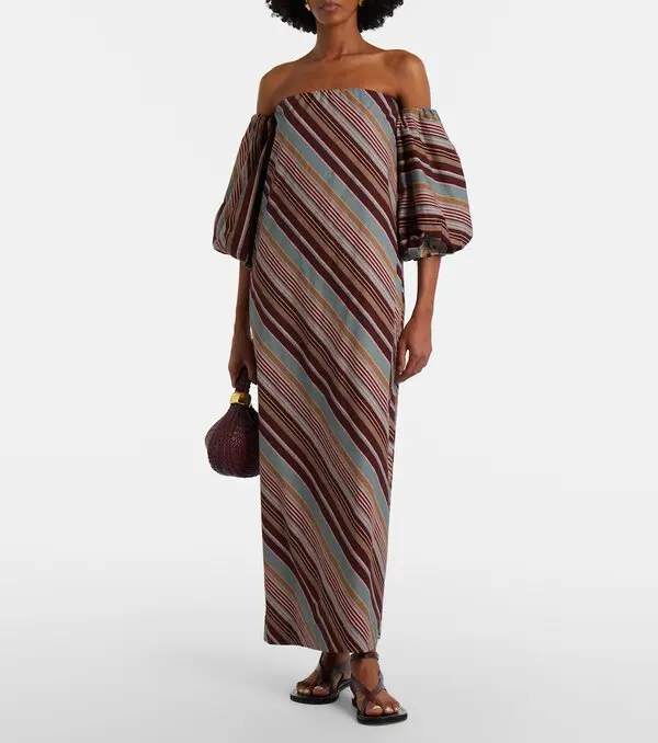 ADRIANA DEGREAS Striped Off-shoulder Cotton-blend Maxi Dress
