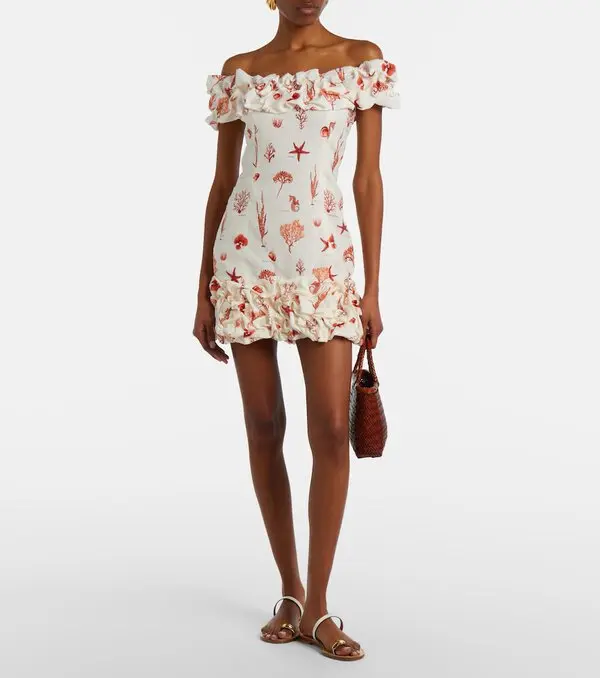 Agua Bendita Jardin Printed Off-shoulder Linen Minidress - White