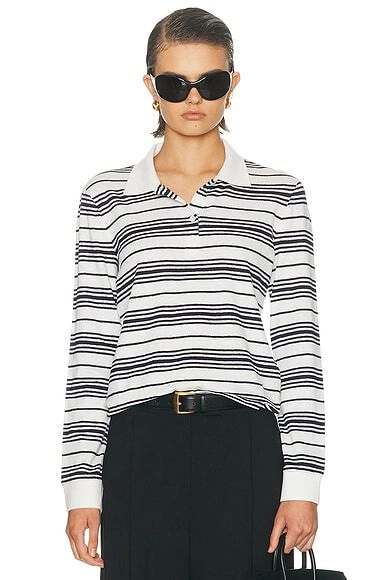 FRAME Striped Long Sleeve Polo - Cream Multi