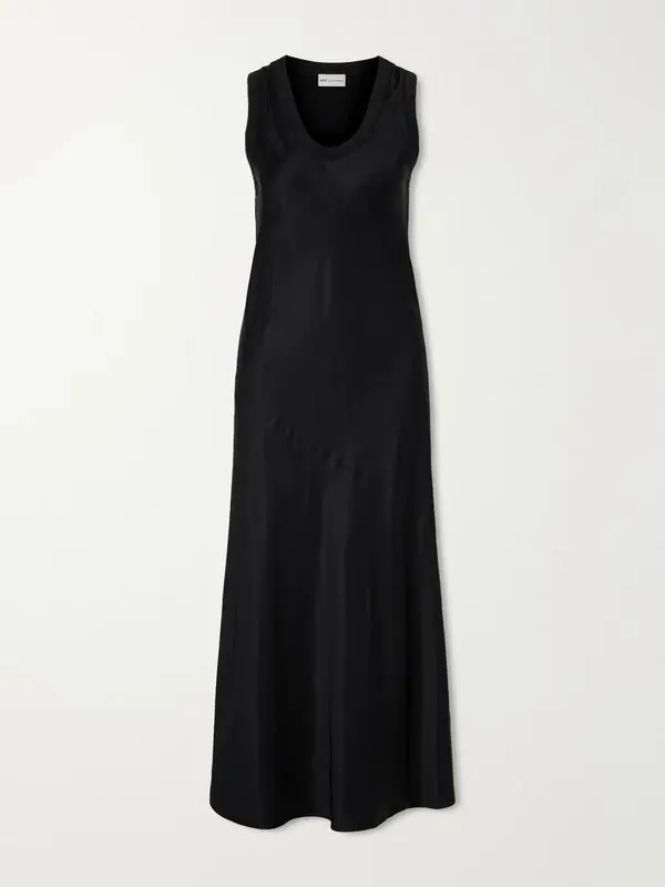 AMI Paris Ribbed-knit Trimmed Satin Maxi Dress - Black