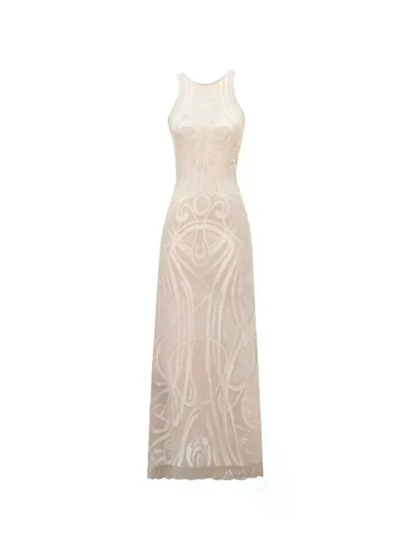 GEMY MAALOUF Beige Patterned Lace Midi Dress - Neutrals