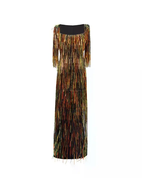 GEMY MAALOUF Square Neck Fringed Maxi Dress - Black