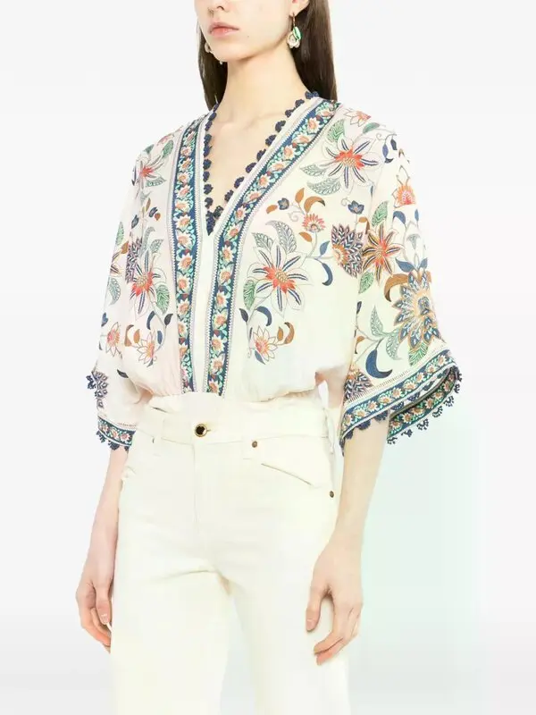 Farm Rio Floral Print V-neck Blouse With Lace Trim And Open Back