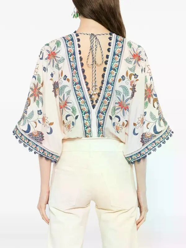Farm Rio Floral Print V-neck Blouse With Lace Trim And Open Back
