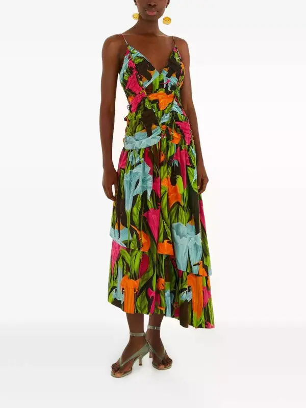 Farm Rio Mujeres Y Flores Ruched Floral Print Midi Dress - Black