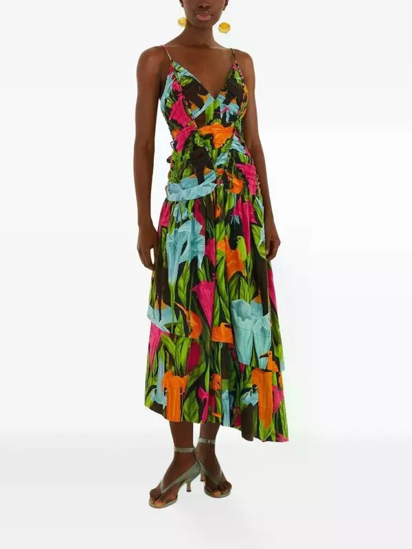 Farm Rio Mujeres Y Flores Ruched Floral Print Midi Dress - Black