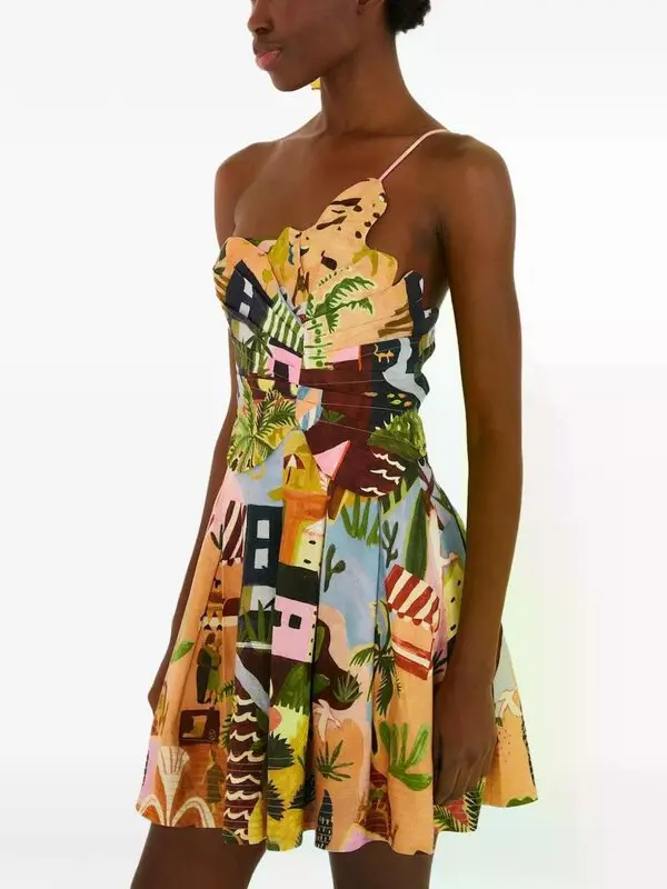 Farm Rio Graphic Print One-shoulder Bow Detail Dress - Blue