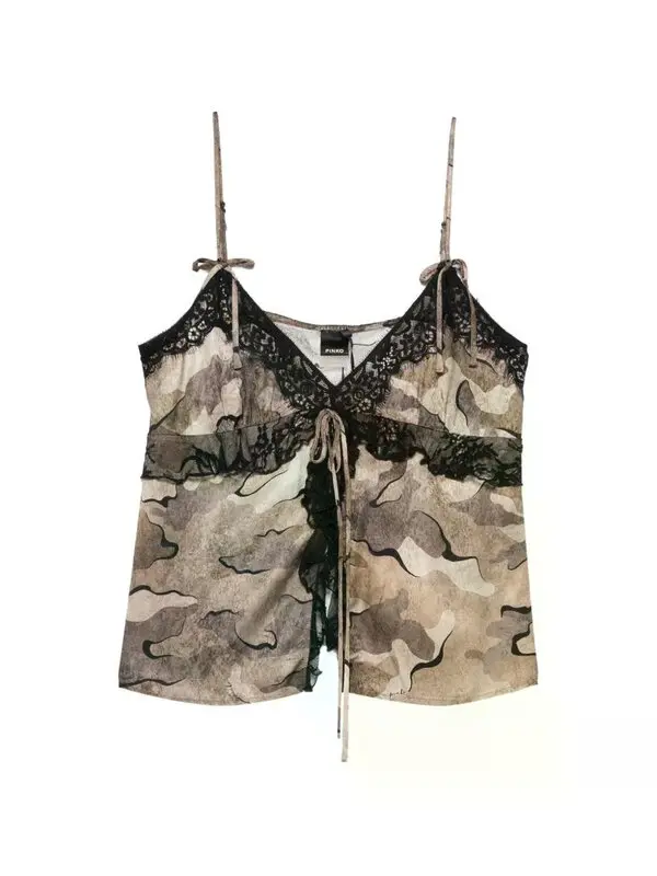 Pinko Camouflage Print Lace Trimmed V-neck Camisole - Neutrals