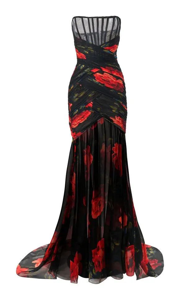 Carolina Herrera Stemmed-rose-printed Chiffon Gown - Black