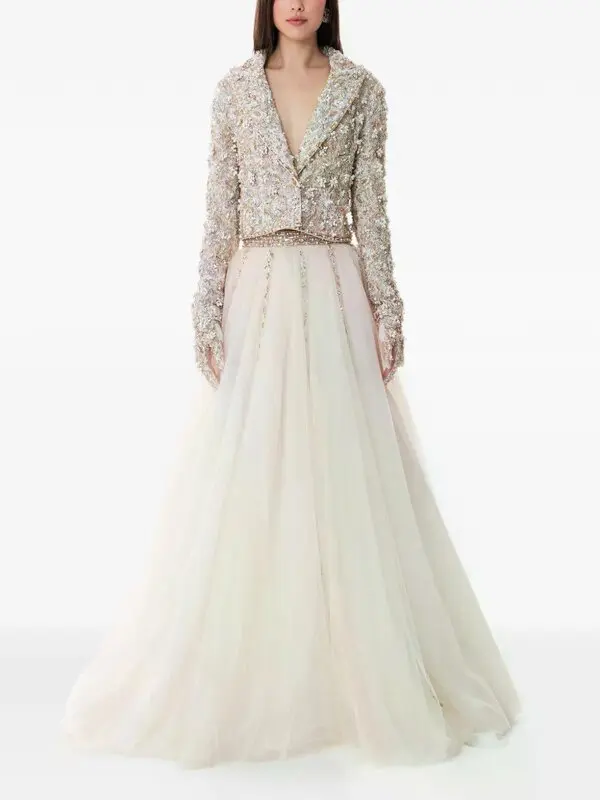 DINA MELWANI Embroidered Tulle Maxi Dress With Cropped Jacket - Neutrals