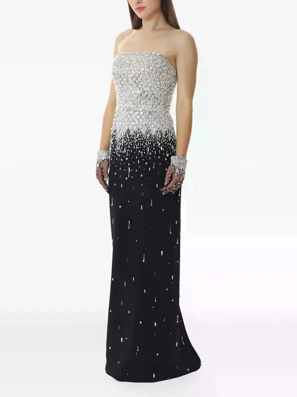 DINA MELWANI Strapless Crystal Embellished Maxi Gown