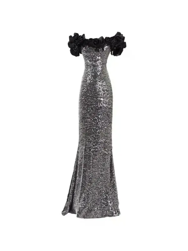 GEMY MAALOUF Floral Embellished Off-shoulder Maxi Dress - Grey
