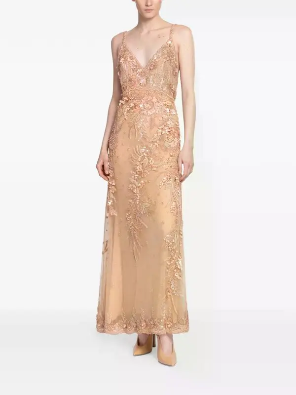 Elie Saab Sleeveless V-neck Maxi Dress With Bead Embellishment - Neutrals