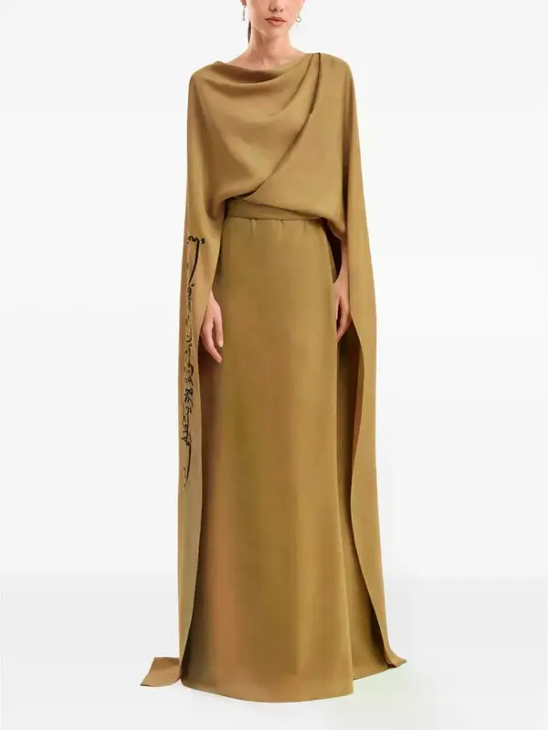 GEMY MAALOUF Calligraphy Embellished Cowl Neck Maxi Dress - Brown