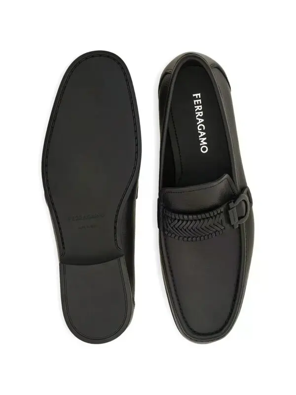 FERRAGAMO Gancini Braided Leather Loafers - Black