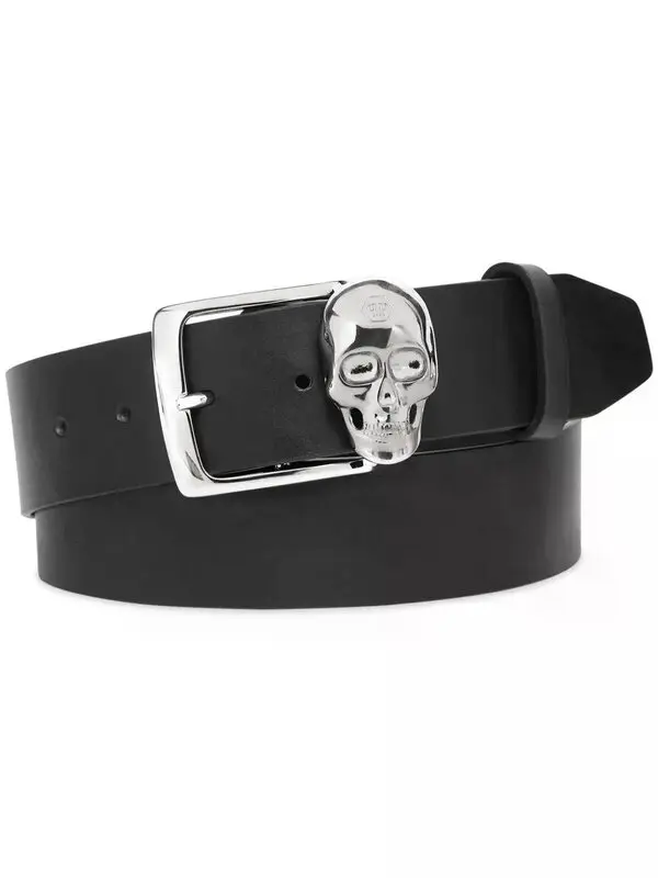 Philipp Plein Skull Buckle Leather Belt - Black