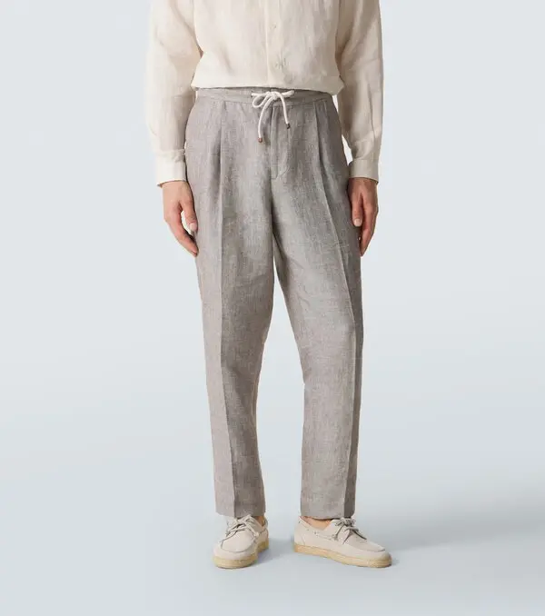 Brunello Cucinelli Tapered Hemp And Linen Trousers - Grey