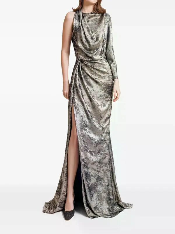 GEMY MAALOUF Metallic Asymmetrical Neck Maxi Dress - Silver