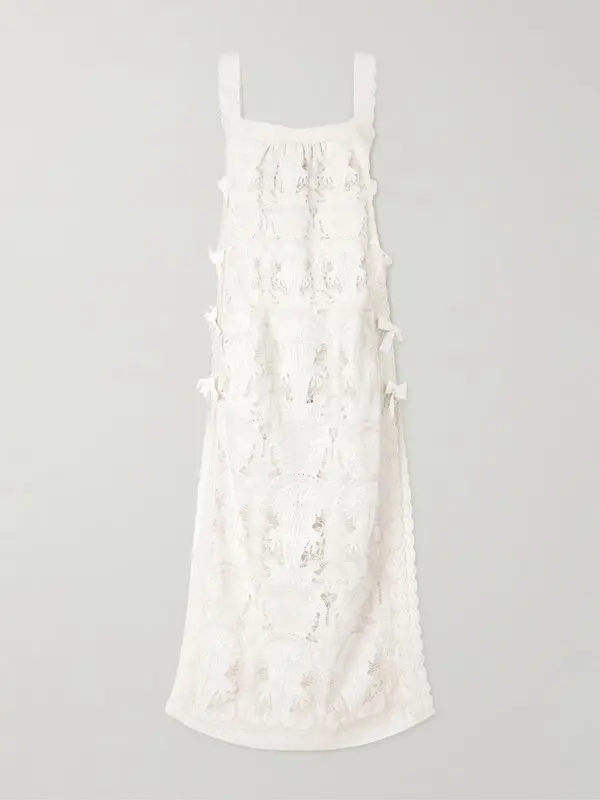 Loretta Caponi Fiocchini Lace-trimmed Broderie Anglaise Cotton-blend Maxi Dress - Neutrals