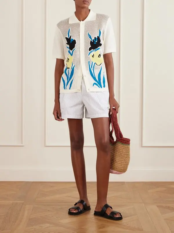 Marni Embroidered Open-knit Cotton Polo Shirt